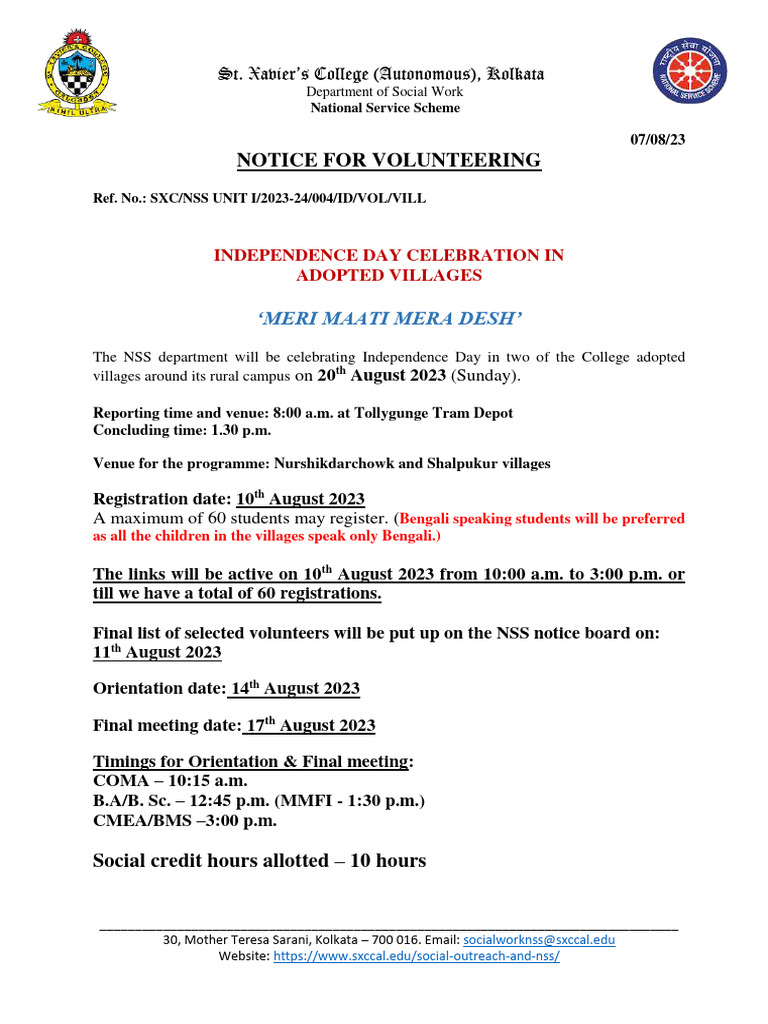 Notice Independence Day Villages Volunteering 7th August 2023 | PDF ...