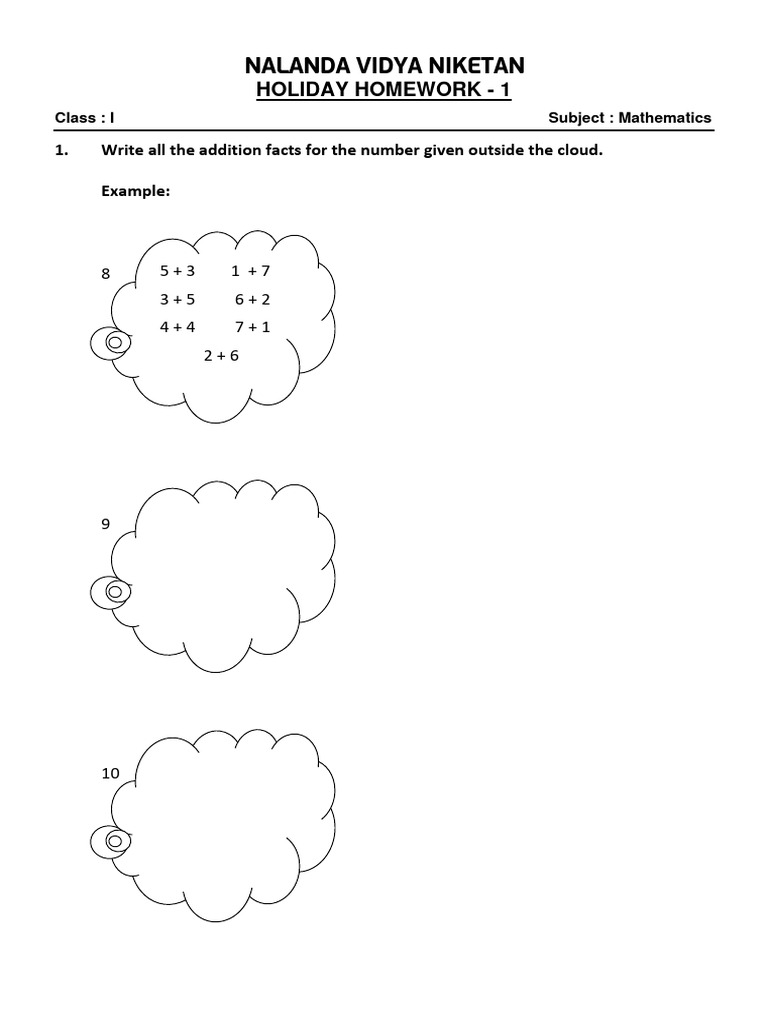Class-1 Maths Holiday Homework-1 | PDF