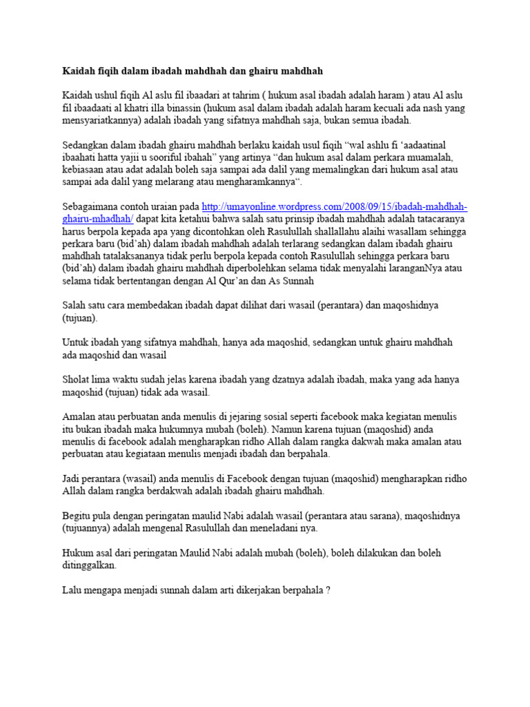 Kaidah Fiqih Dalam Ibadah Mahdhah Dan Ghairu Mahdhah | PDF
