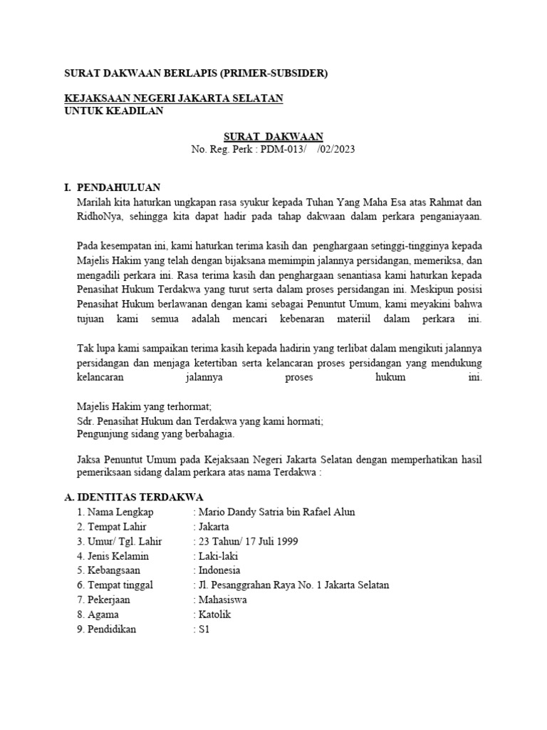 Surat Dakwaan Primer-Subsider Korupsi | PDF