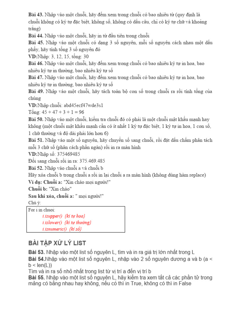 Bai Tap Python - Chuoi - List | PDF