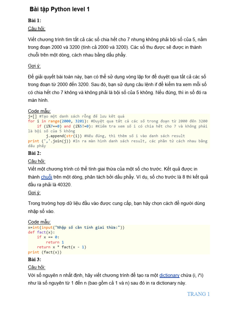 Bài tập Python level 1,2,3,4 | PDF