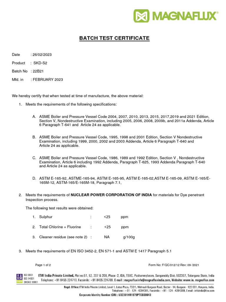 Batch Test Certificate | PDF