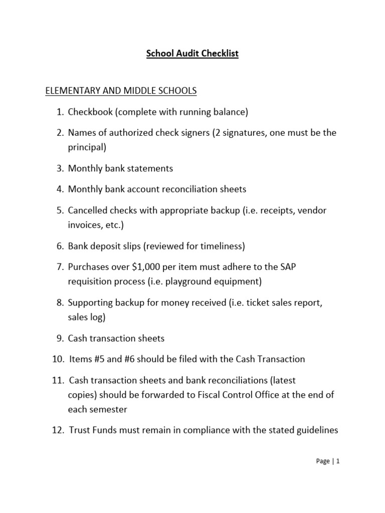 School Audit Checklist For Elementary Middle Schools | PDF