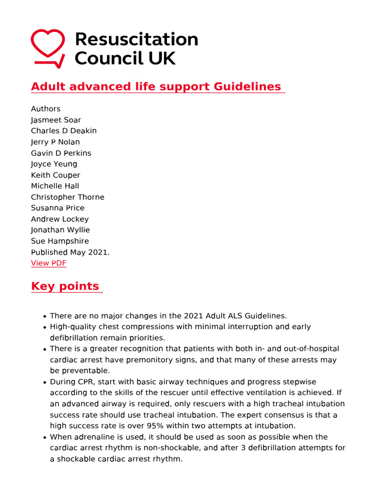 Adult Advanced Life Support Guidelines | PDF | Cardiac Arrest ...