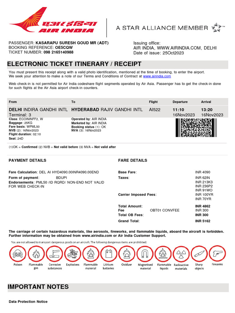 Air India Web Booking ETicket (OE5CQW) - SURESH GOUD | PDF
