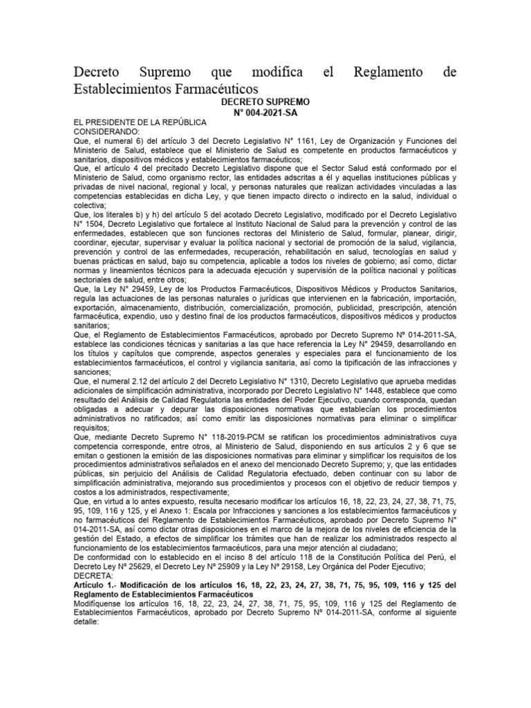 Decreto Supremo Que Modifica El Reglamento de Establecimientos Farmacéuticos | PDF | Derecho ...