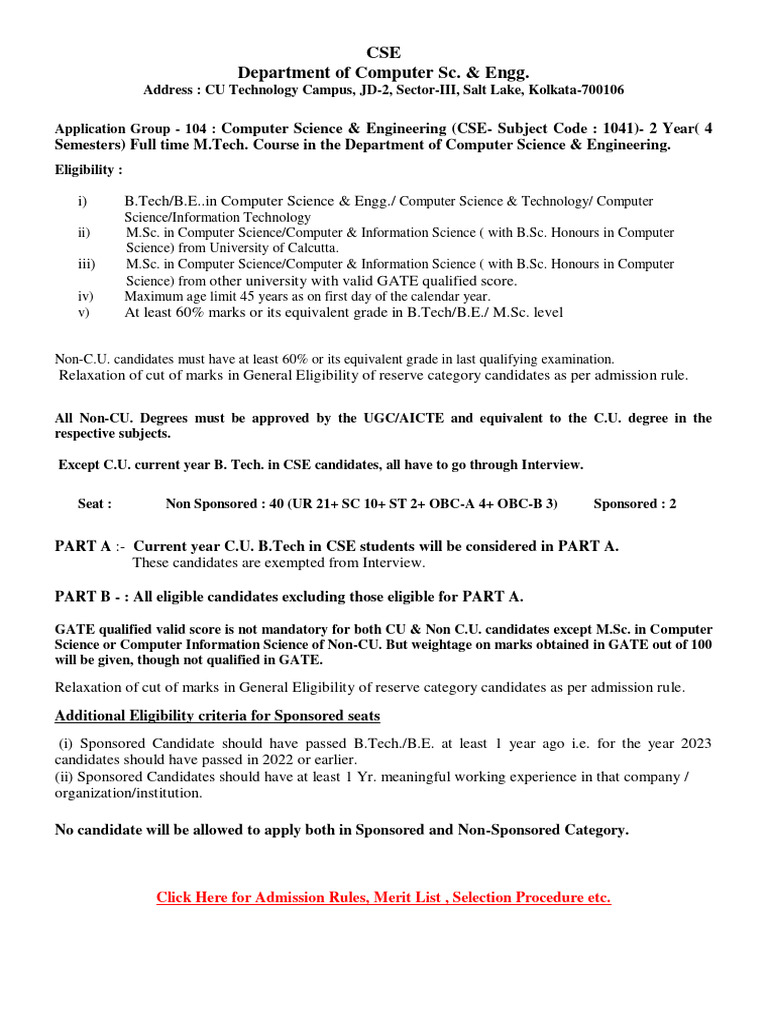 CSE Department of Computer Sc. & Engg.: Click Here For Admission Rules, Merit List, Selection ...