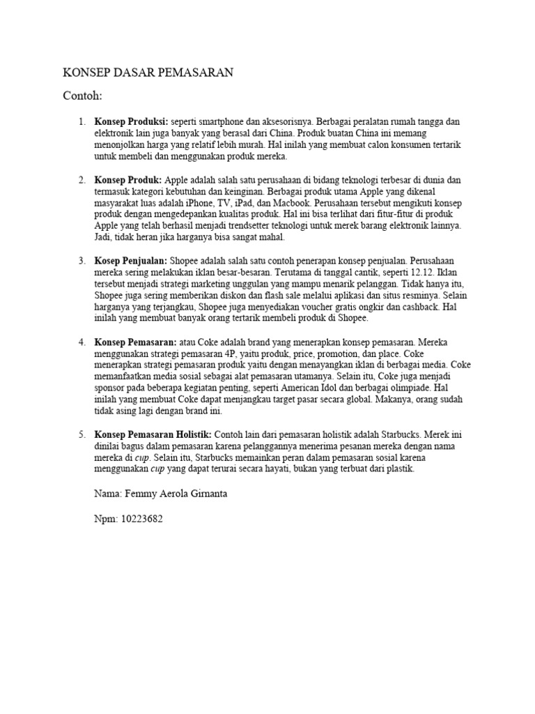 Contoh Konsep Dasar Pemasaran | PDF