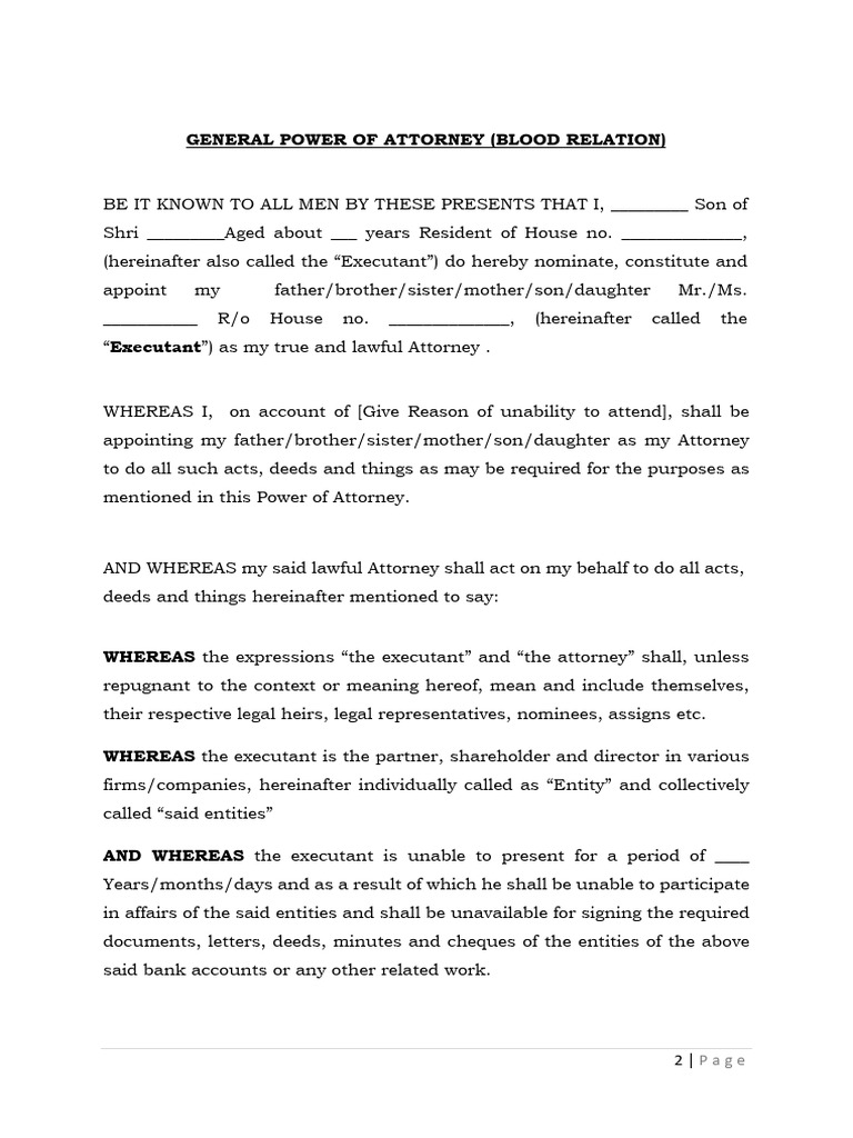 Format For General Power of Attorney GPA | PDF