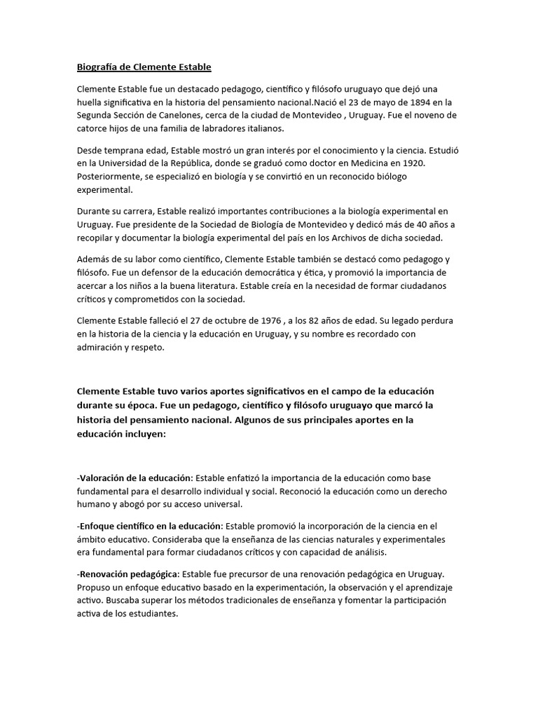 Biografía de Clemente Estable | PDF | Enseñando | Science