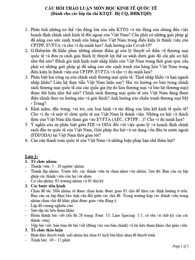 CÂU HỎI THẢO LUẬN MÔN HỌC KTQT- CQ | PDF