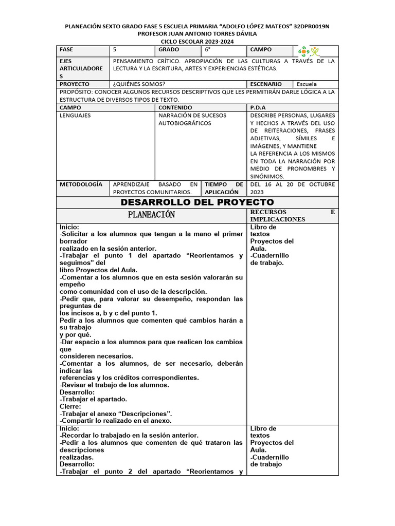 Semana Del 9 Al 13 de Octubre Del 2023 | PDF | Educación primaria | Aprendizaje