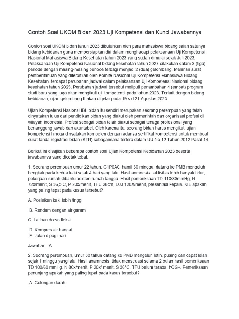 Contoh Soal UKOM Bidan 2023 Uji Kompetensi Dan Kunci Jawabannya | PDF | Sains & Matematika
