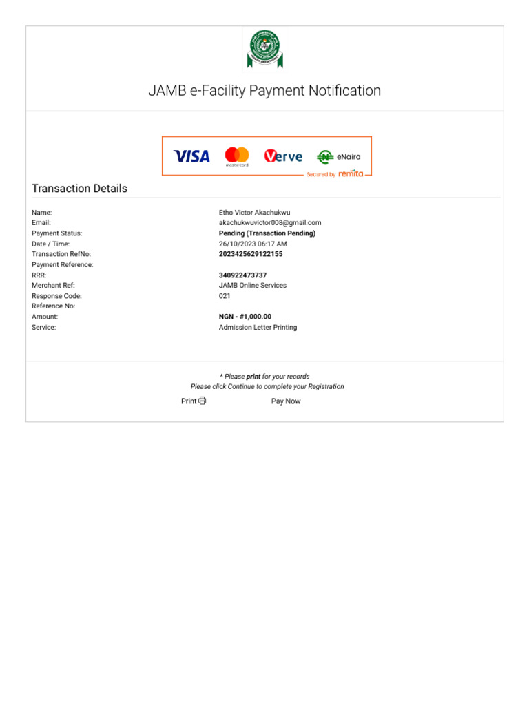 Https Efacility - Jamb.gov - NG Remitta RedirectURL Status Payment ...