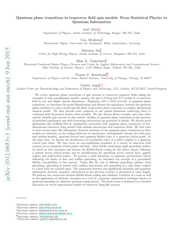 Quantum Phase Transitions in Transverse Field Spin Models From Statistical Physics To | PDF