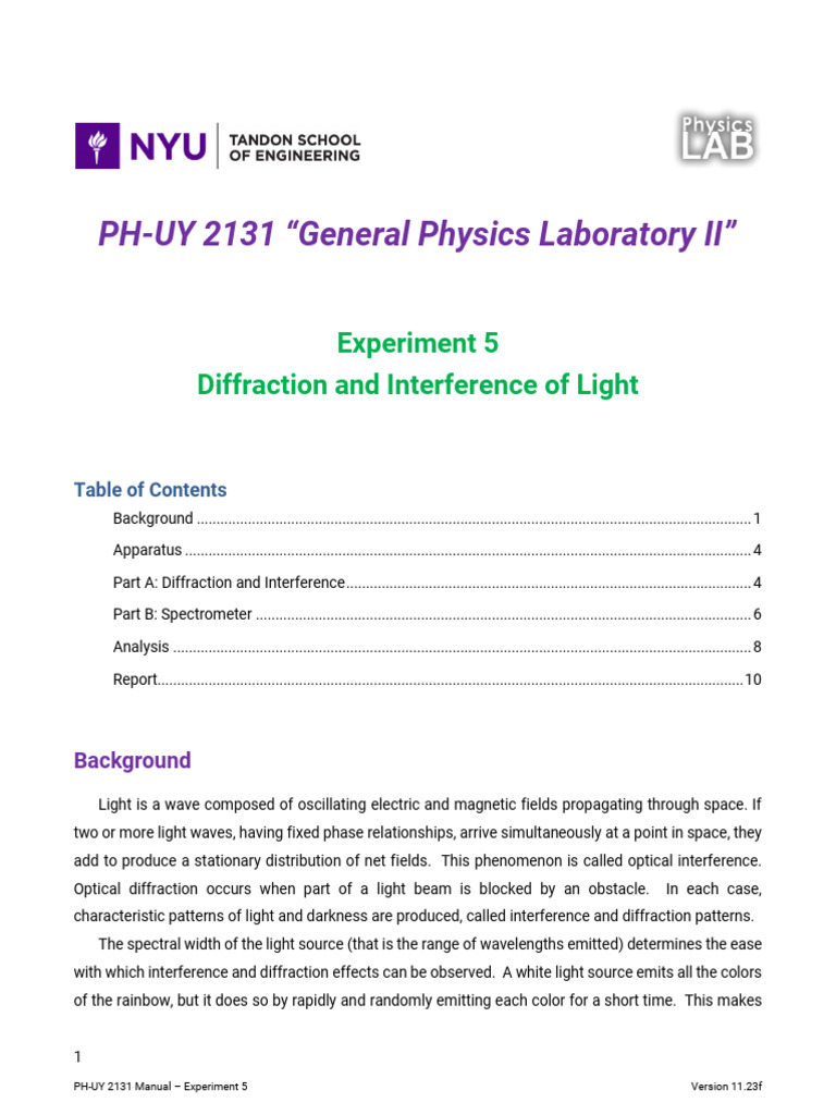 PH-UY 2131 - Experiment 5 - 2023 Fall | PDF | Diffraction | Wavelength