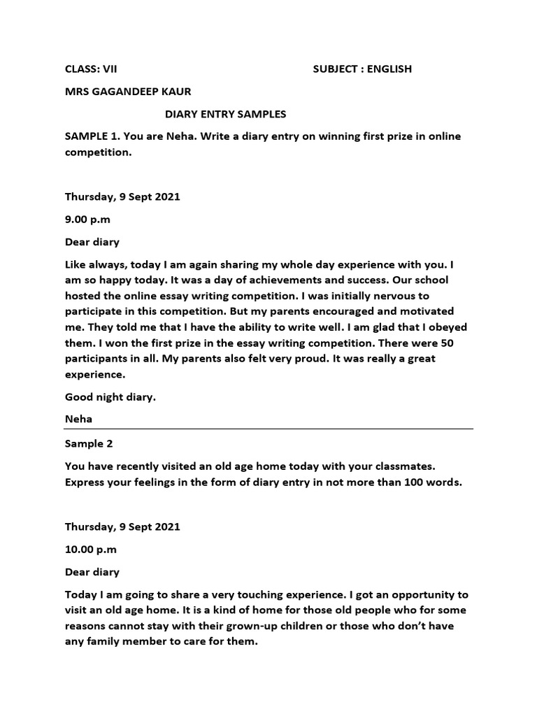 Diary Entry Samples For Class 7 | PDF