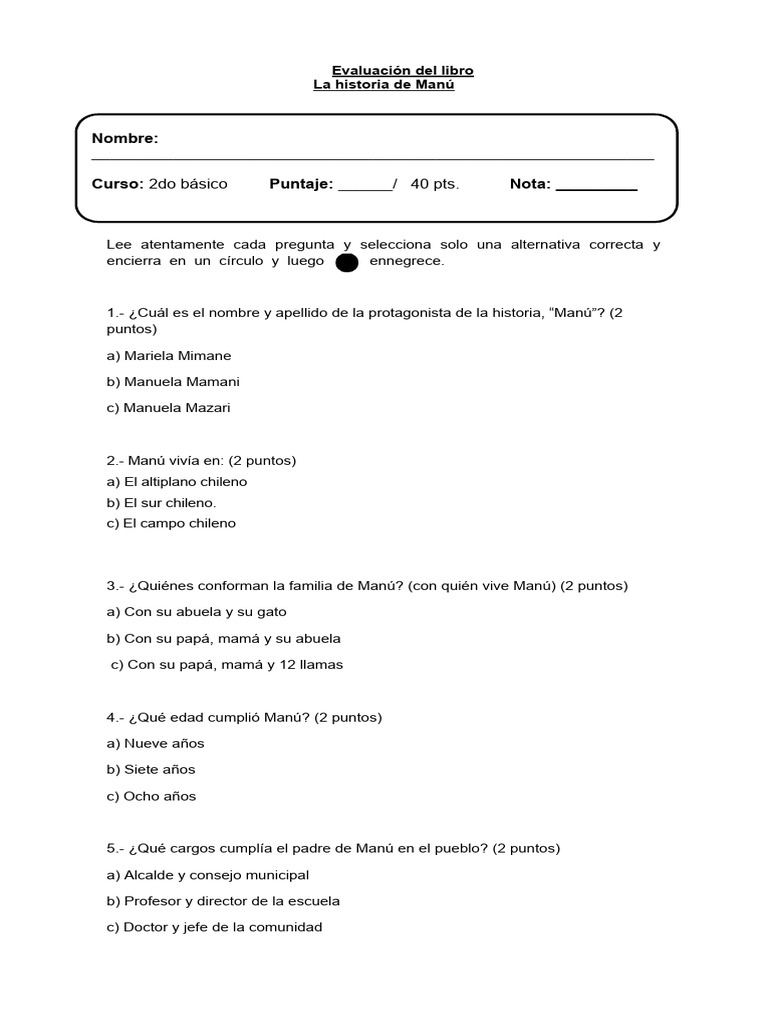 Evaluación Del Libro LA HISTORIA DE MANU | PDF