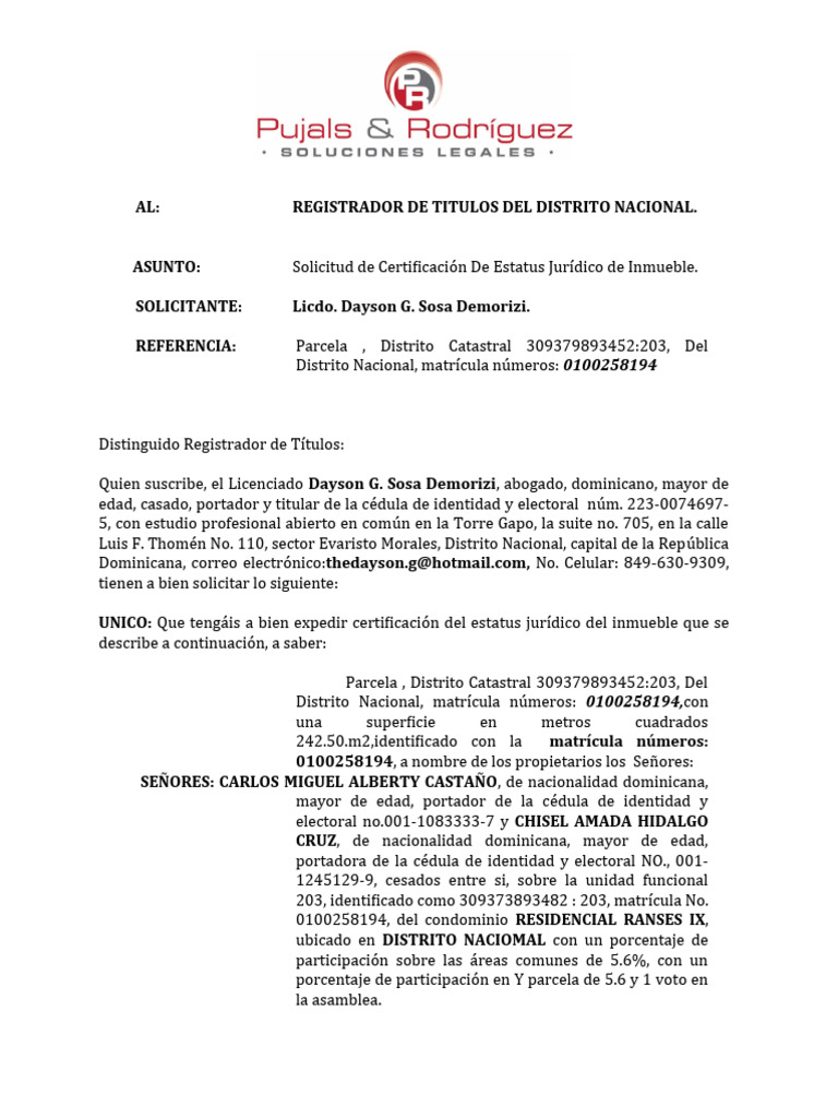 Solicitud de Certificacion de Estatus Juridico de Inmueble | PDF