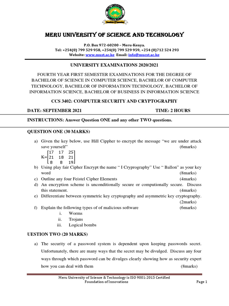Ccs 3402 Comp Security And Cryptography 2 Pdf Cryptography Key