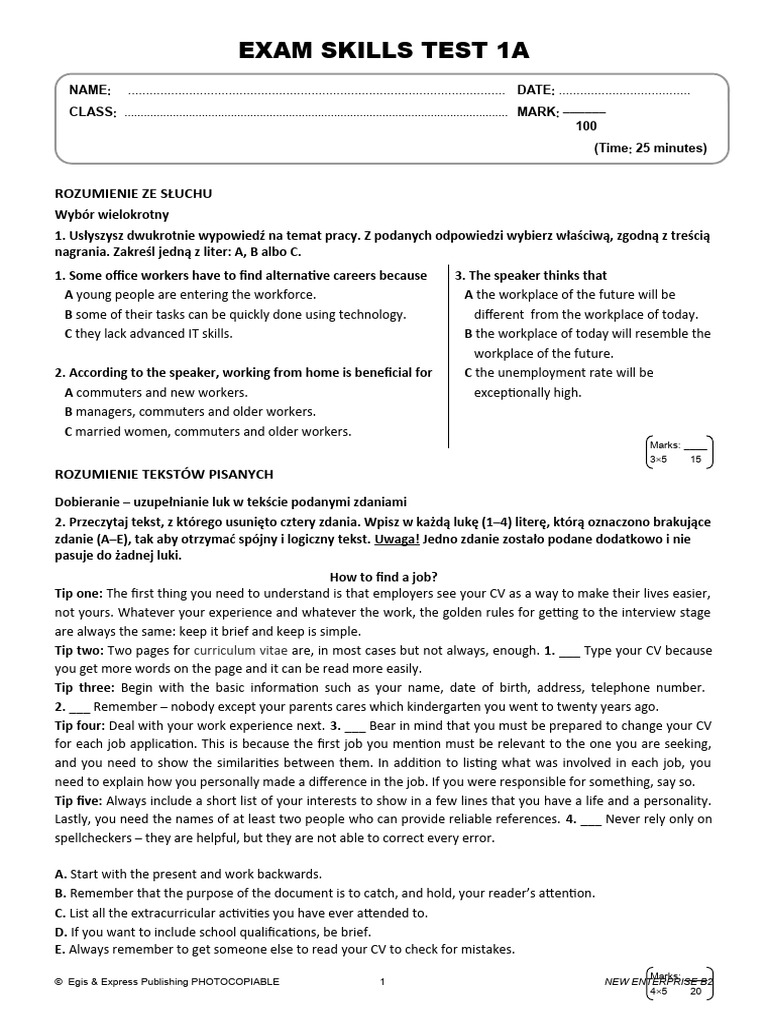 1 New Enterprise b2 Exam Skills Test 1a | PDF