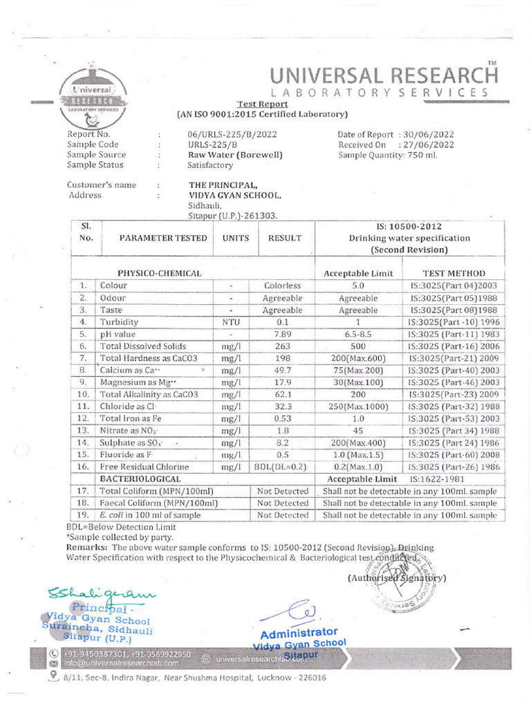 Water Test Certificate | PDF