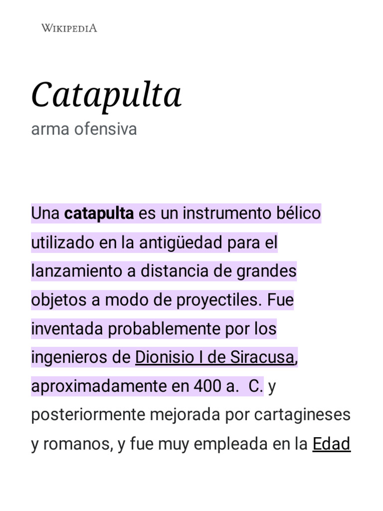 Catapulta - Wikipedia, La Enciclopedia Libre | PDF | Armas de ...