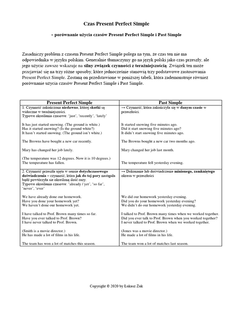 Present Perfect and Past Simple - Prezentacja Zagadnienia | PDF