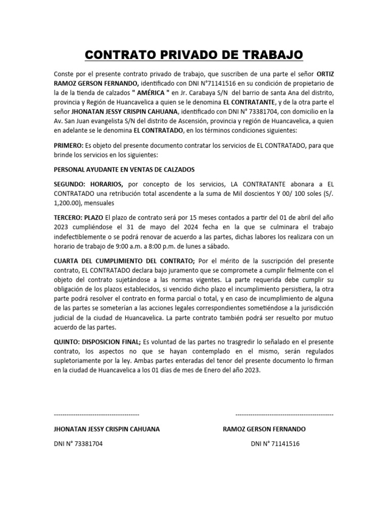 Contrato Privado de Trabajo | PDF