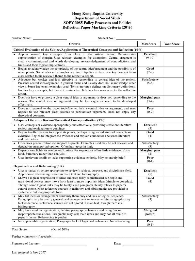 SOPY3085 Rubrics - Reflection Paper | Download Free PDF | Idea | Concept