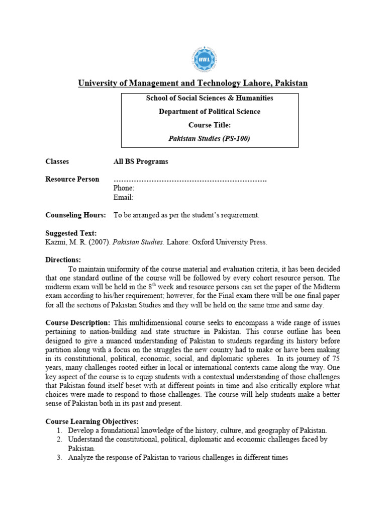 Course Outline Pakistan Studies Pdf Critical Thinking Pakistan