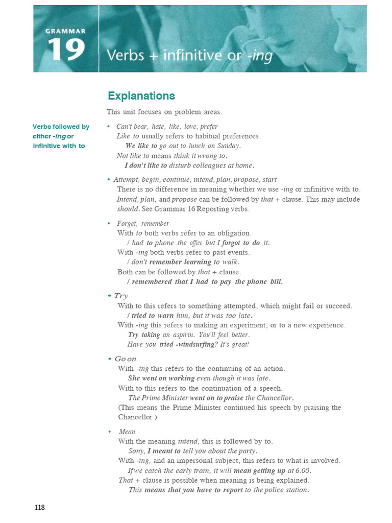 Verbs with -ing or Infinitive Usage | PDF | Verb | Subject (Grammar)