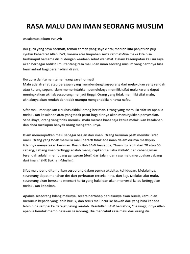 Rasa Malu Dan Iman Seorang Muslim | PDF
