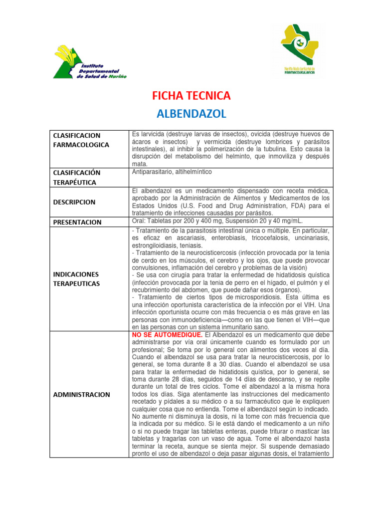 Ficha Tecnica Albendazol | PDF | Medicina | Cuidado de la salud