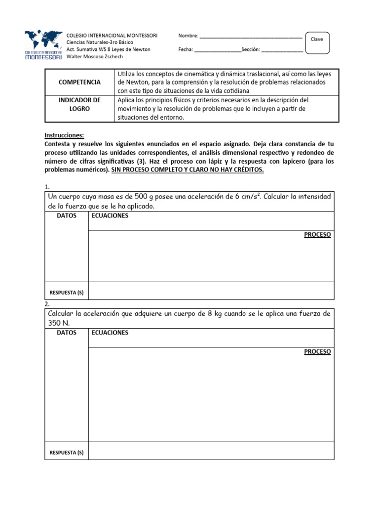 Act. Sumativa WS 8 Leyes de Newton | PDF | Masa | Fuerza