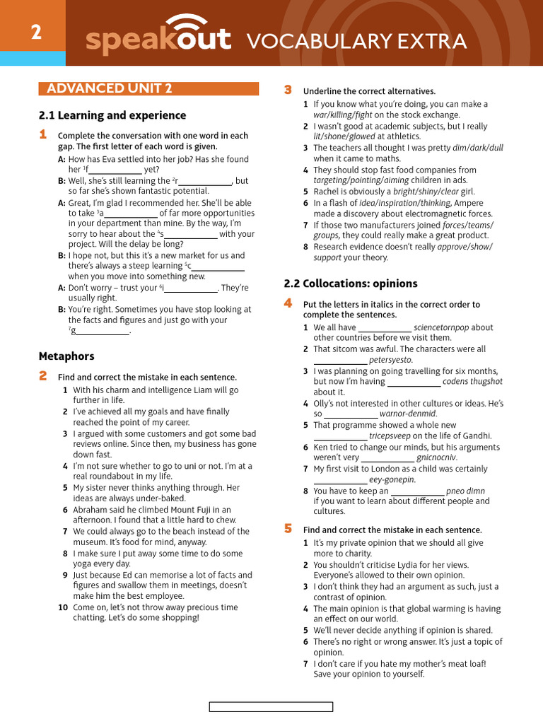 Vocabulary Extra Unit 2 | PDF | Phrase | Crossword