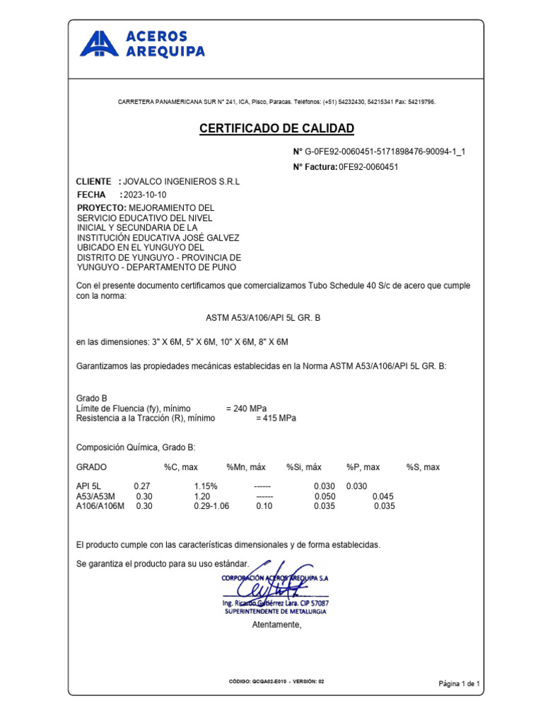 Certificado de Calidad - Aceros Arequipa - Tubos Redondos de Sch40 | PDF | Tecnología