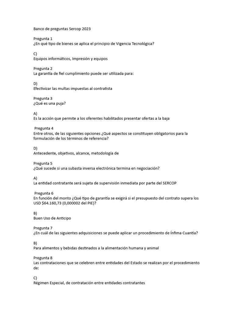 Banco de Preguntas SERCOP 2023 | PDF | Subasta | Presupuesto