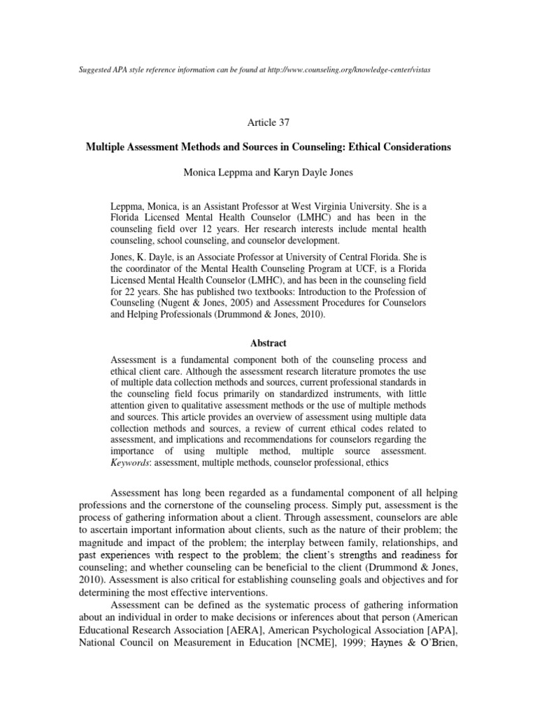 Multiple Assessment Methods and Sources in Counseling Ethical ...