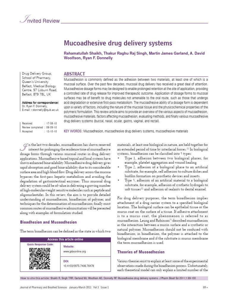 Mucoadhesive Drug Delivery Systems | PDF | Epithelium | Wetting
