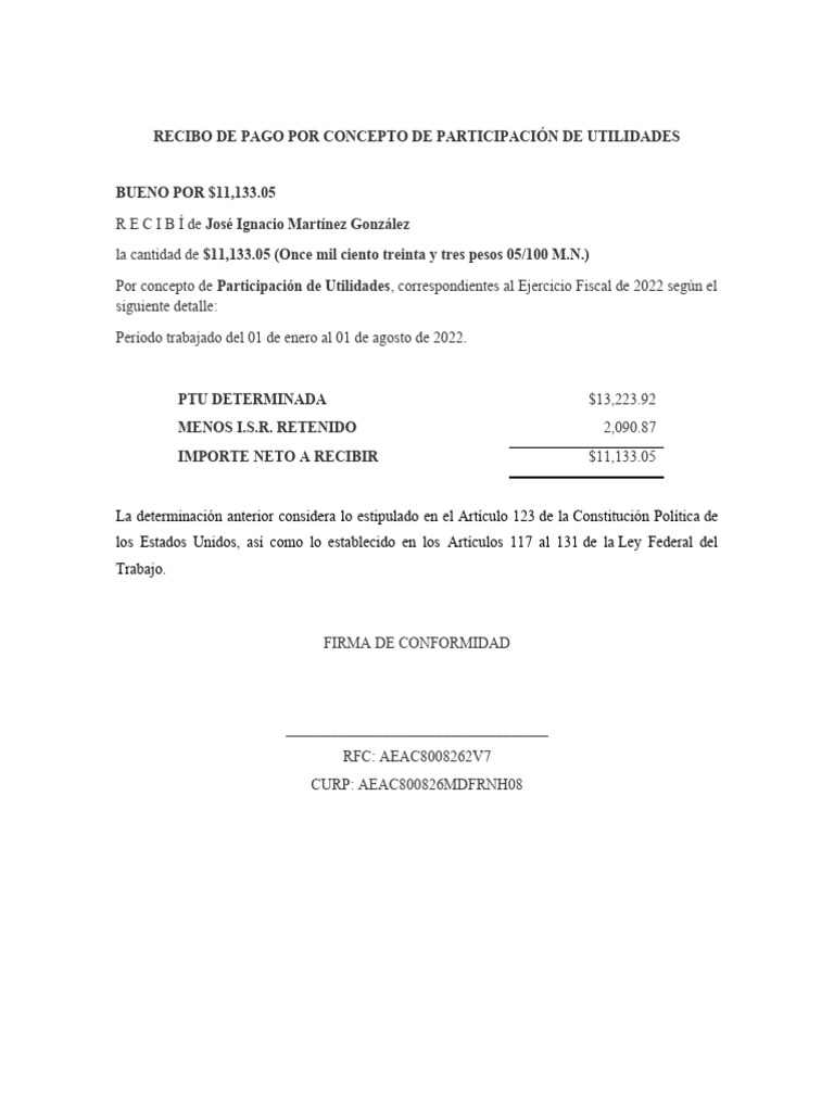 Ejemplo de Recibo de PTU 2022 | PDF