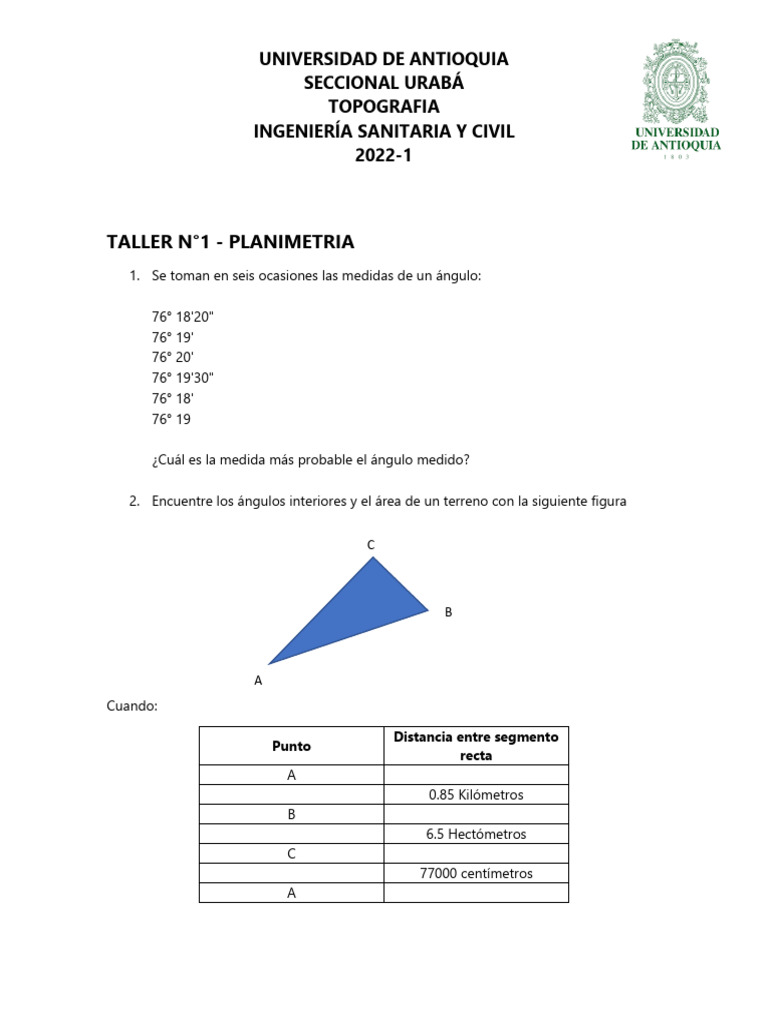 Taller Planimetria | PDF | Azimut | Ángulo