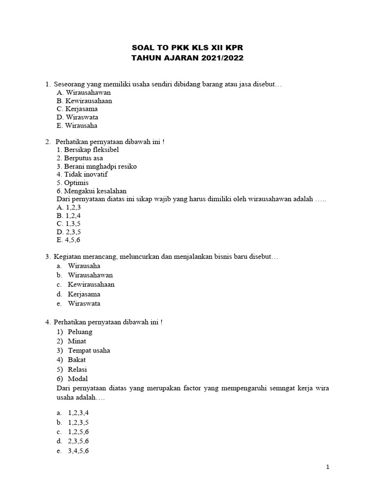 SOAL Latihan TO PKK KLS XII KPR Fix | PDF | Seni