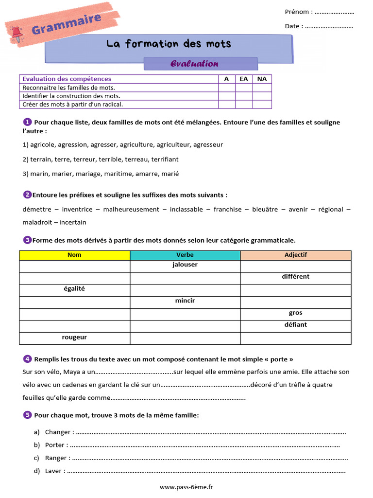 Pe6eme Evaluation 6e La Formation Des Mots | PDF
