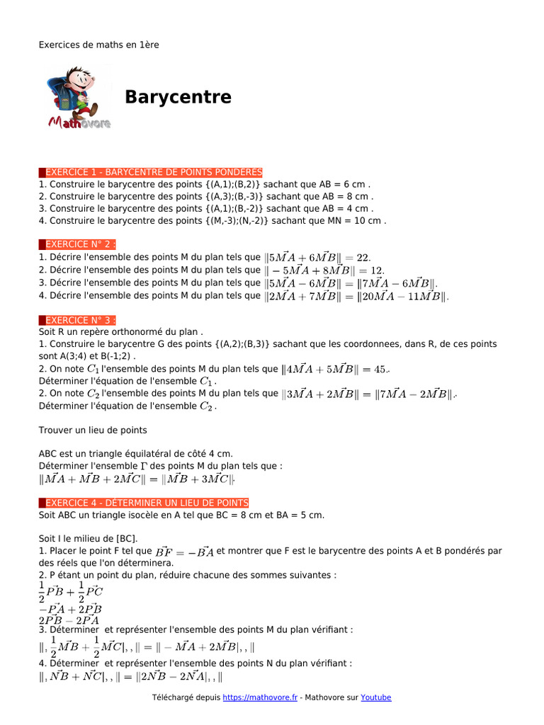 Barycentre Exercices en 1ere de Maths Corriges A Imprimer en PDF | PDF