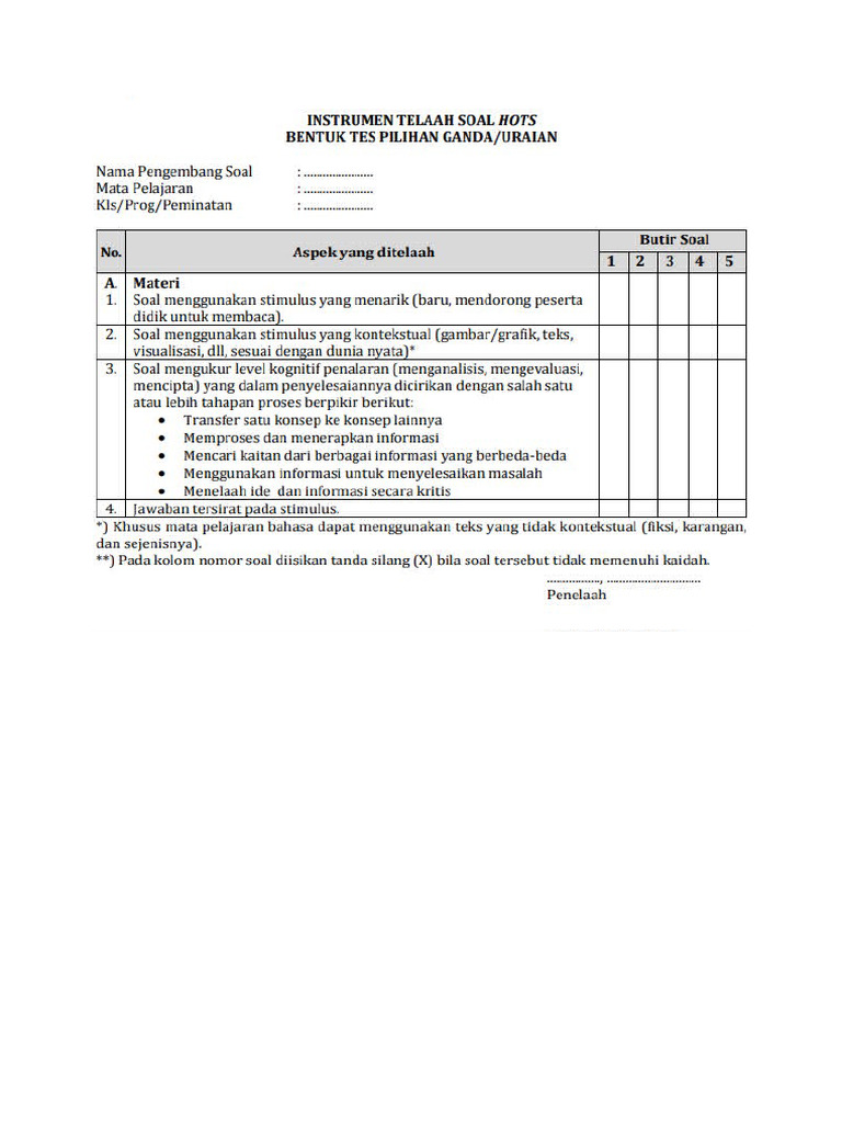 Contoh Instrumen Telaah Soal HOT | PDF