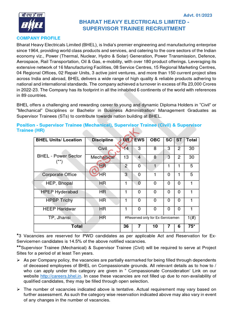 BHEL Supervisor Trainee Recruitment 2023 | PDF | Business