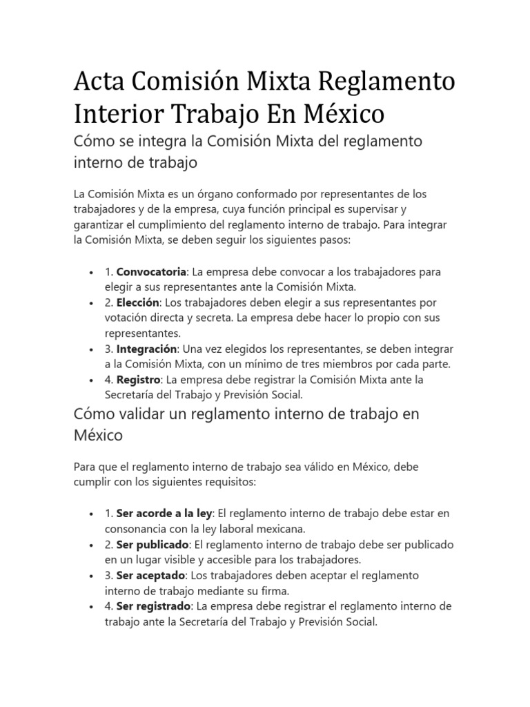 Acta Comisión Mixta Reglamento Interior Trabajo en México | PDF ...
