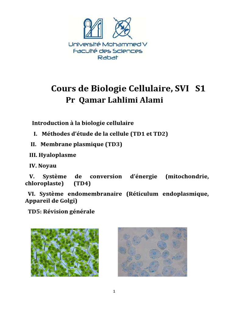 SVI, S1, Biologie Cellulaire (Cours-TD), PR Qamar Lahlimi Alami, 2020-2021 | PDF